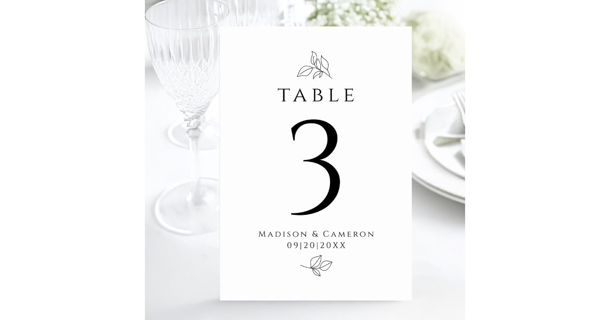 Custom Wedding Black White Leaves Foliage Elegant Table Number | Zazzle