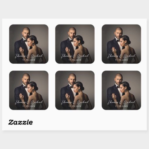 Custom Wedding Bride and Groom's Photo Square Sticker | Zazzle
