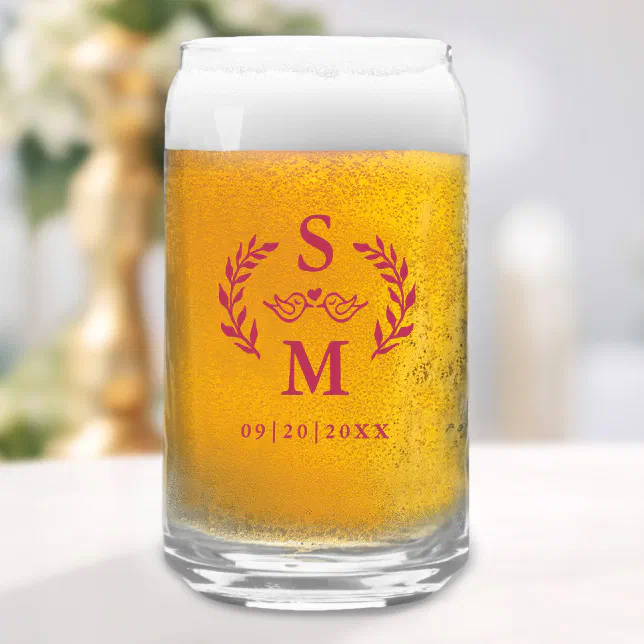 Custom Wedding Monogram Wreath Crest Magenta Red Can Glass | Zazzle