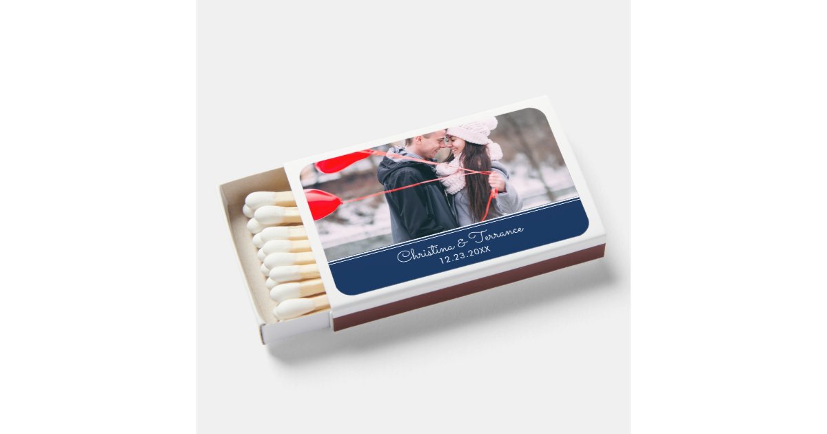 Custom Wedding Photo Navy Blue Matchboxes | Zazzle