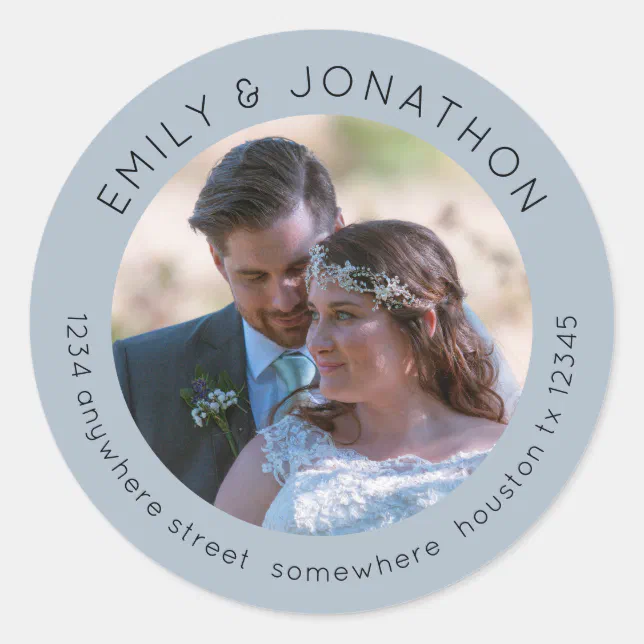 Custom Wedding Photo Return Name Address Blue Classic Round Sticker ...