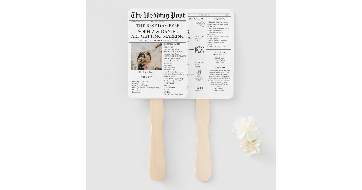 Custom Wedding Program Timeline Fan with Newspaper | Zazzle