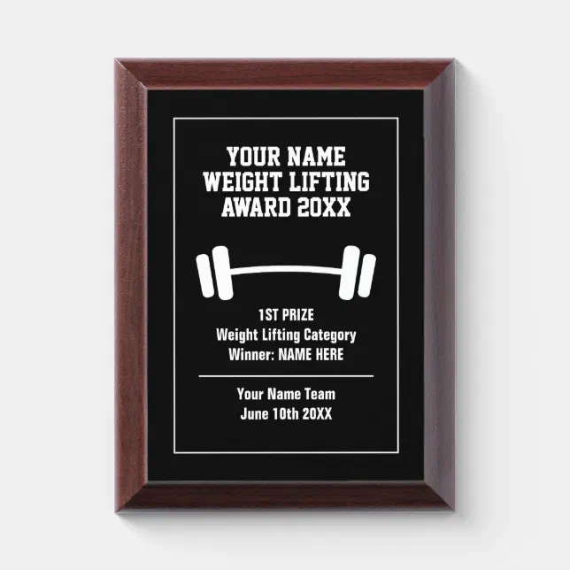 Custom weight lifting championship sports prize award plaque | Zazzle