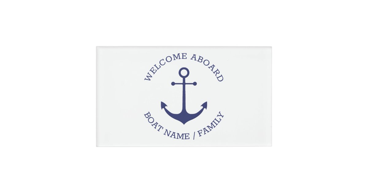 Custom Welcome Aboard nautical anchor blue white Name Tag | Zazzle