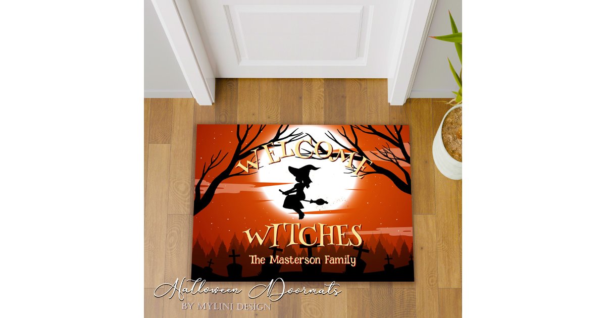 Custom Welcome Flying Witches Halloween Doormat | Zazzle
