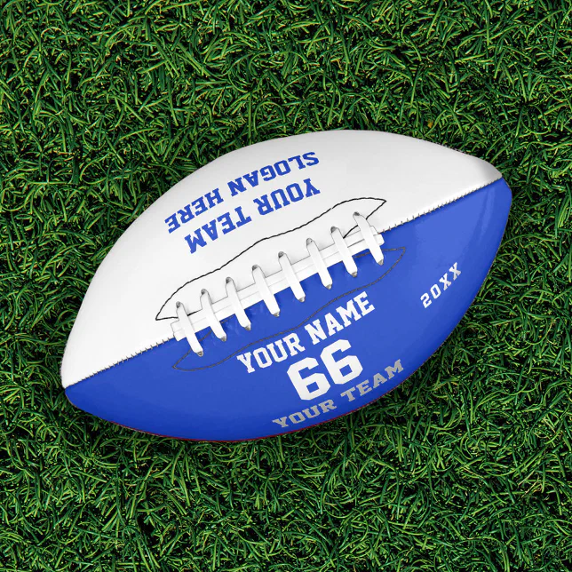 Custom white blue Football with Name, Number, Team | Zazzle