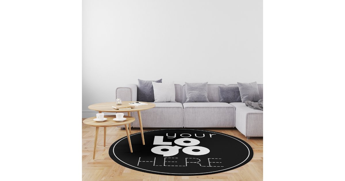 Custom White Business Logo on Black Round Area Rug | Zazzle