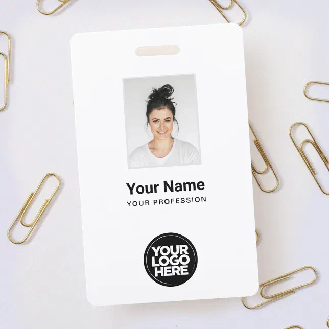 Custom White Employee Photo, Bar Code, Logo, Name Badge | Zazzle