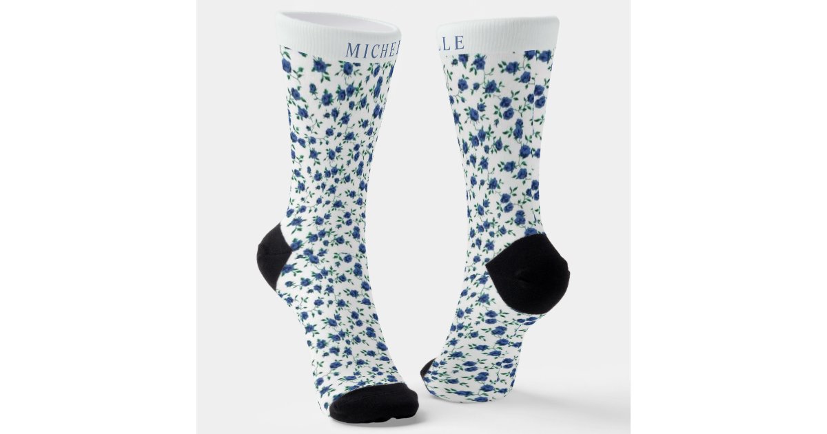 Custom White Floral Light Dark Blue Flowers Socks | Zazzle