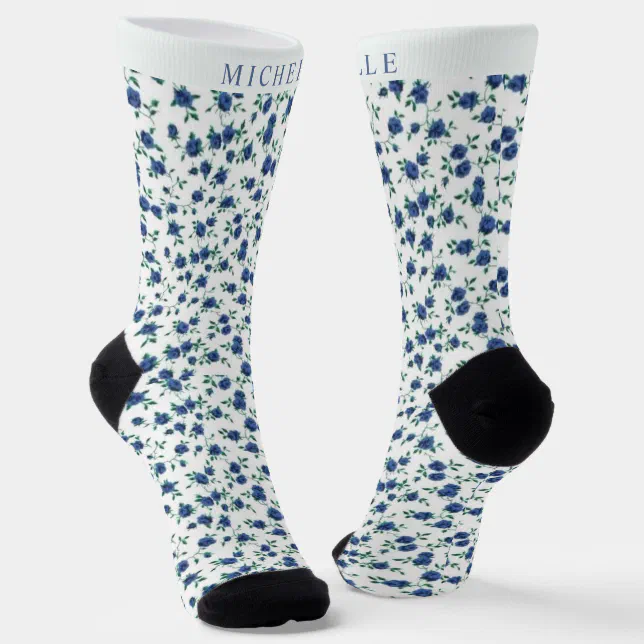 Custom White Floral Light Dark Blue Flowers Socks | Zazzle
