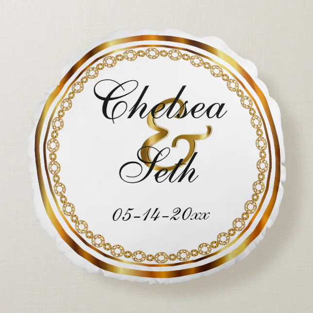 Custom White & Gold Wedding Round Pillow | Zazzle