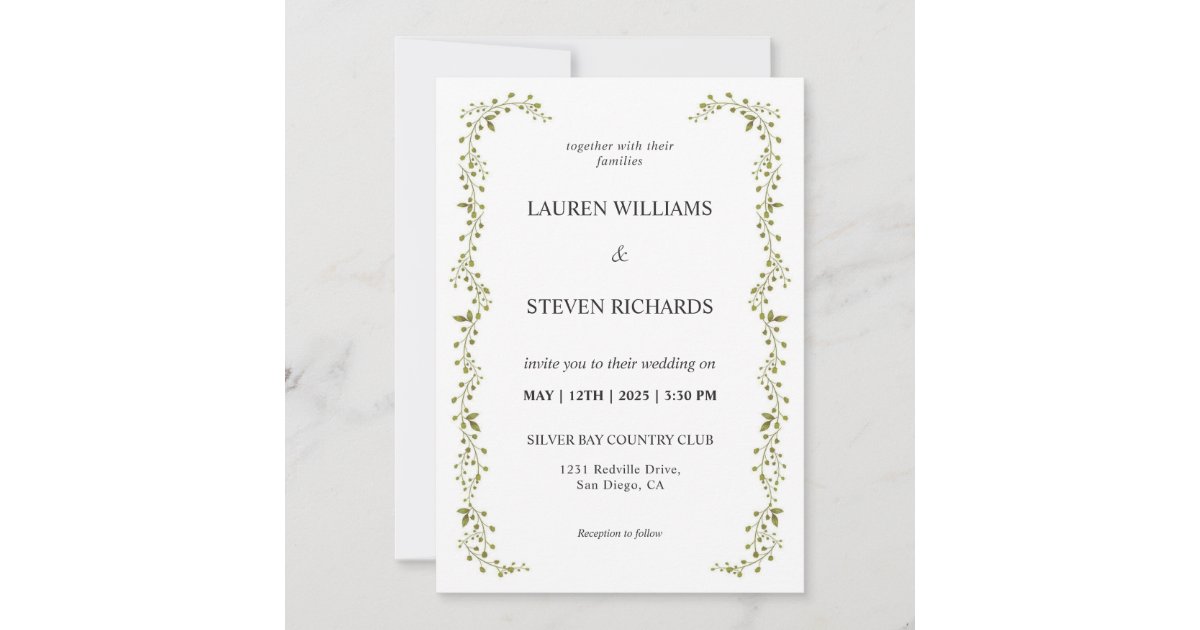 Custom White Green Leaf Border Wedding Invitation | Zazzle