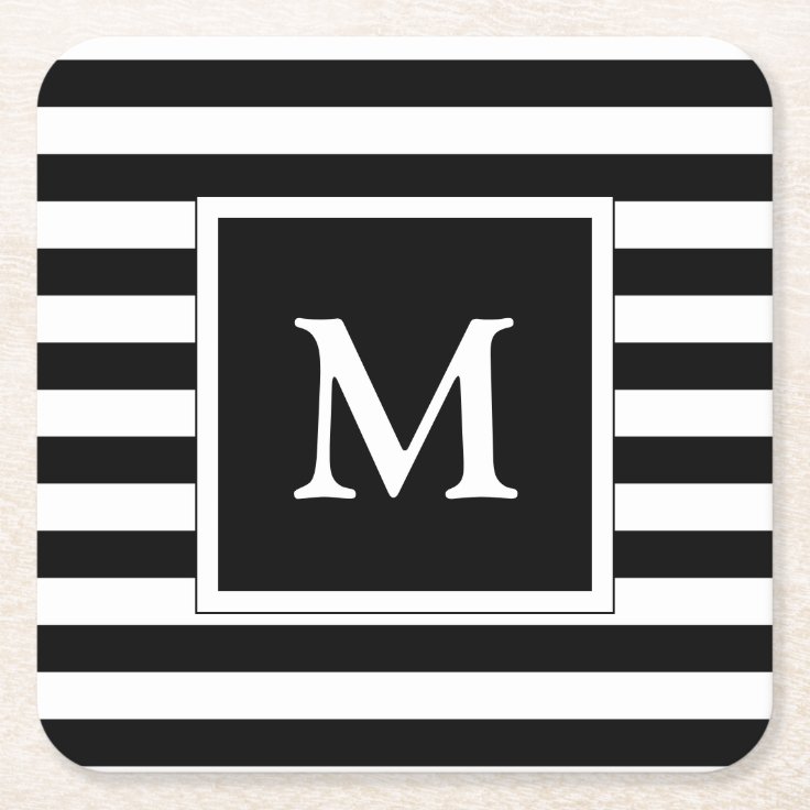 Custom White Monogram with Black and White Stripes Square Paper Coaster ...