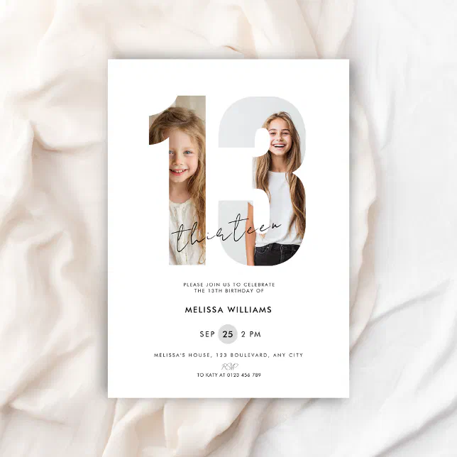 Custom White Photo Girls Number 13th Birthday Invitation | Zazzle