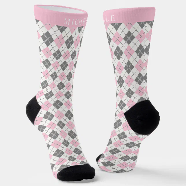 Custom White Pink Grey Checkered Argyle Pattern Socks | Zazzle