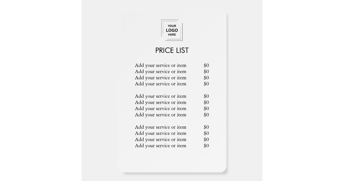 Custom White Price List | Minimalist Business Logo Foam Board | Zazzle