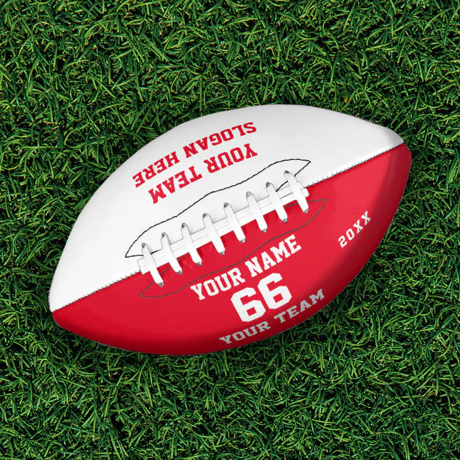 Custom white red Football with Name, Number, Team | Zazzle