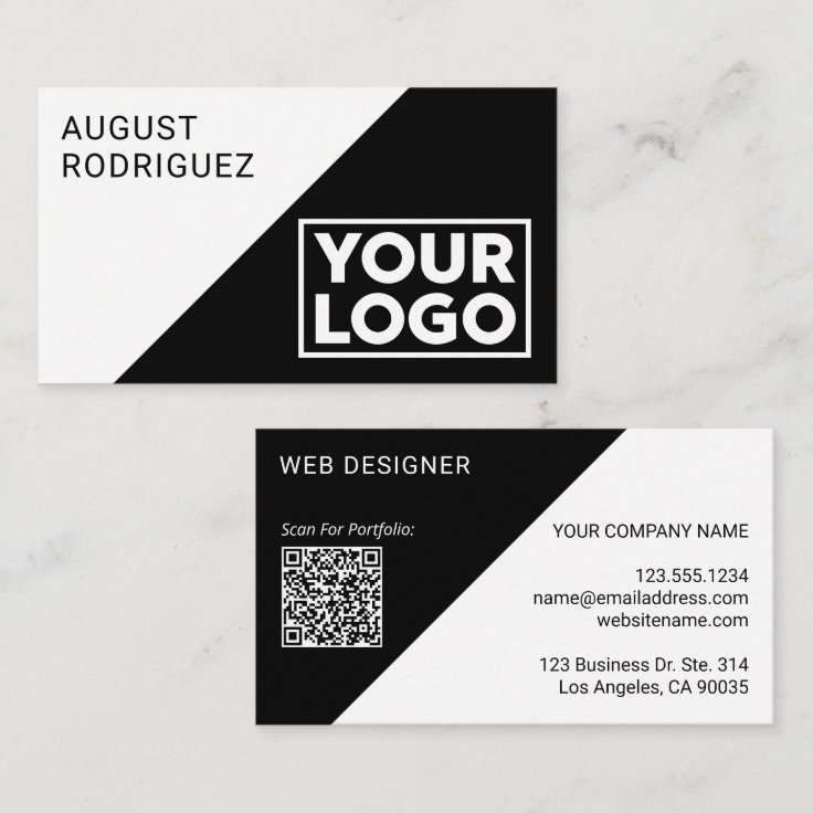 Custom Wide Logo QR Code Black White Geometric Business Card | Zazzle
