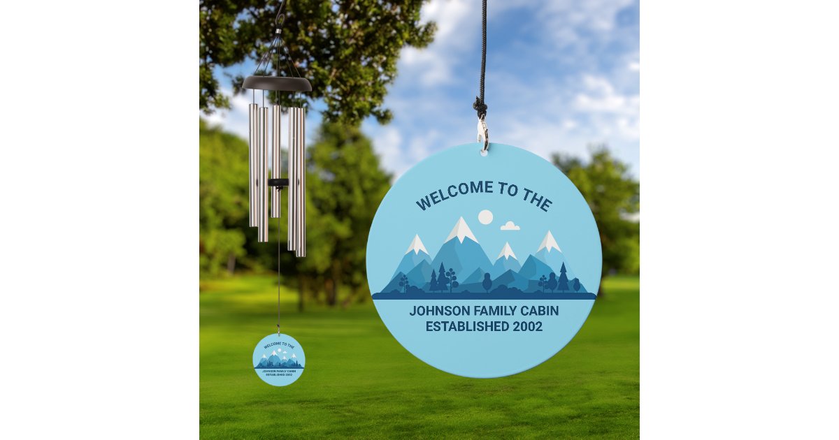 Custom Winter Family Cabin Blue Snowy Mountain Wind Chime | Zazzle