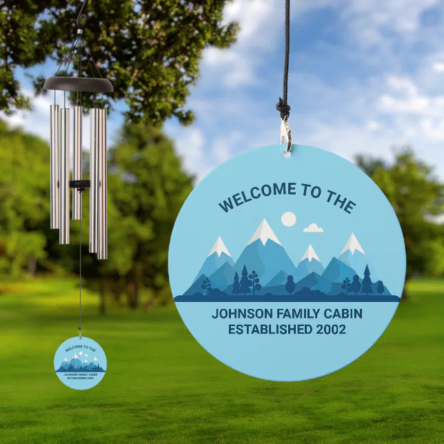 Custom Winter Family Cabin Blue Snowy Mountain Wind Chime | Zazzle