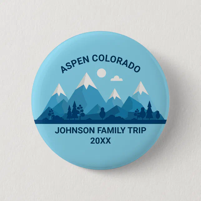 Custom Winter Family Reunion Blue Snowy Mountain Button | Zazzle