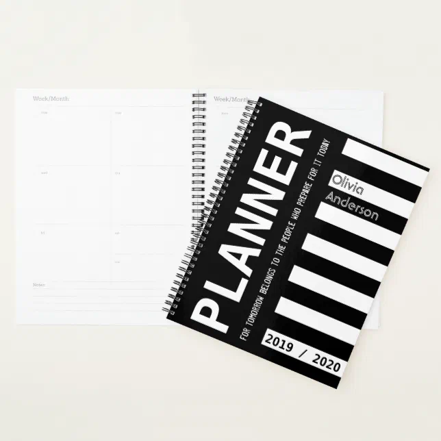Custom Year 2019 2020 Modern Black and White Planner | Zazzle