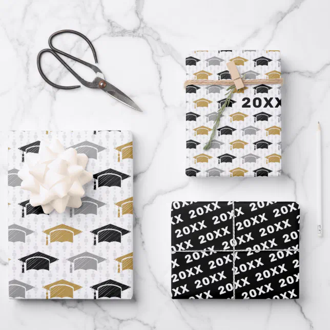 Custom Year Graduation Cap Trio Pattern Wrapping P Wrapping Paper ...