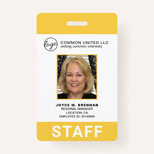 Custom Yellow Business Logo Photo ID Employee Badge | Zazzle