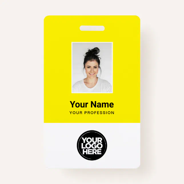 Custom Yellow Employee Photo, Bar Code, Logo, Name Badge | Zazzle