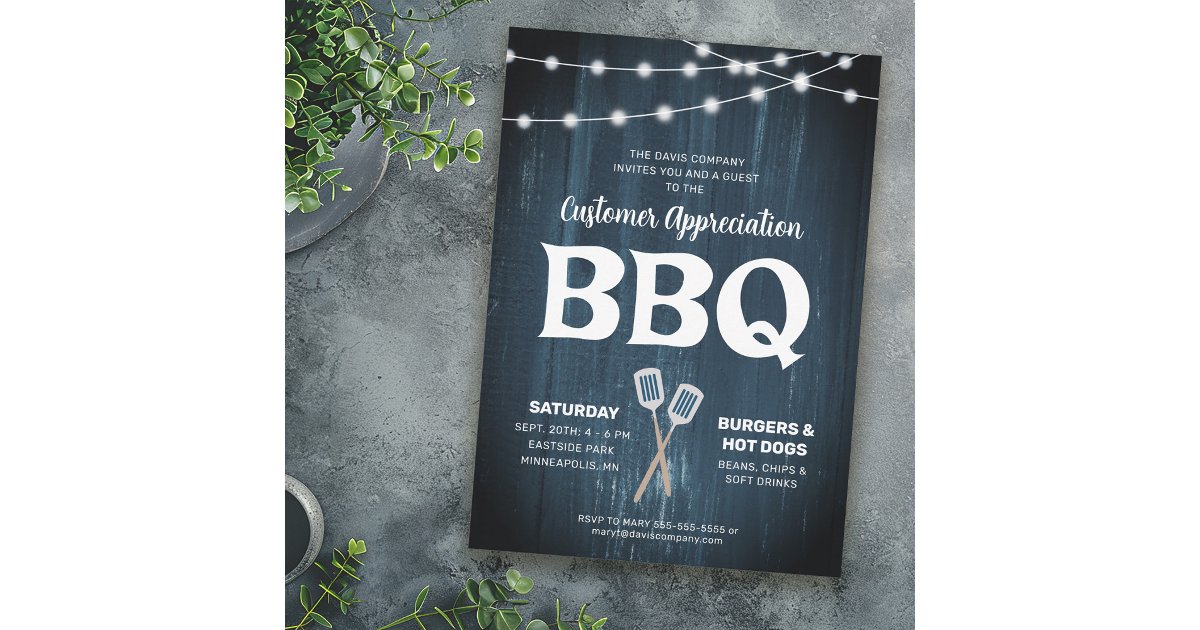 Customer Appreciation BBQ Rustic Blue Invitation | Zazzle