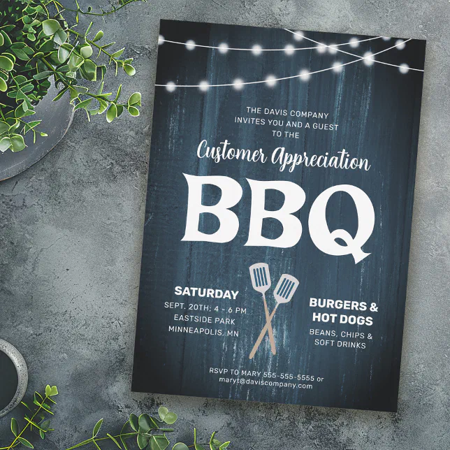 Customer Appreciation BBQ Rustic Blue Invitation | Zazzle