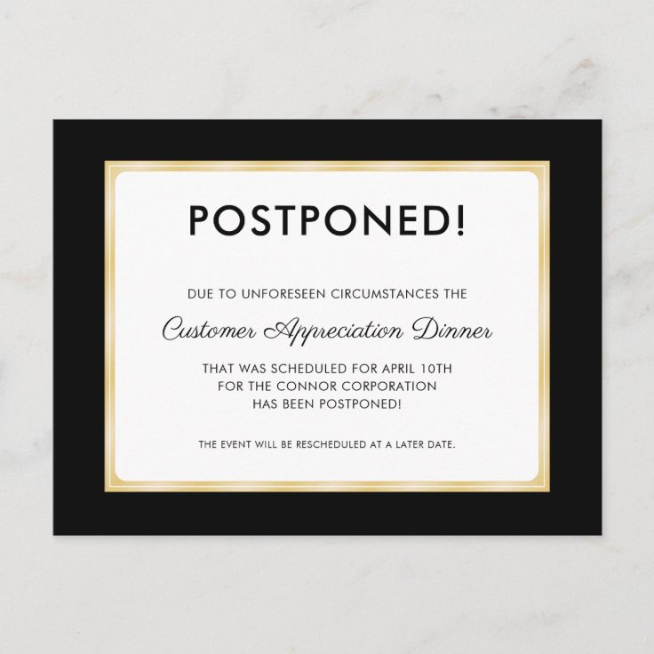 Customer Appreciation Dinner Postponed Black Postcard | Zazzle