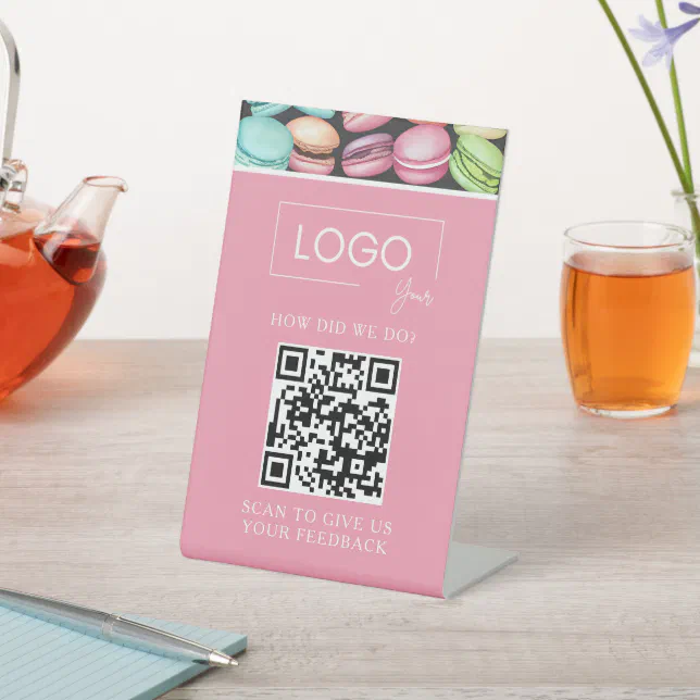 Customer Feedback QR Code | French Macaron Pink Pedestal Sign | Zazzle