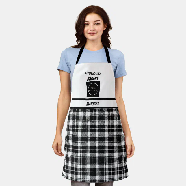 Customizable Bakery logo Name Black & White Plaid Apron | Zazzle