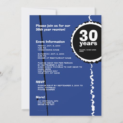 Customizable Blue 30 Year Class Reunion Invitation | Zazzle