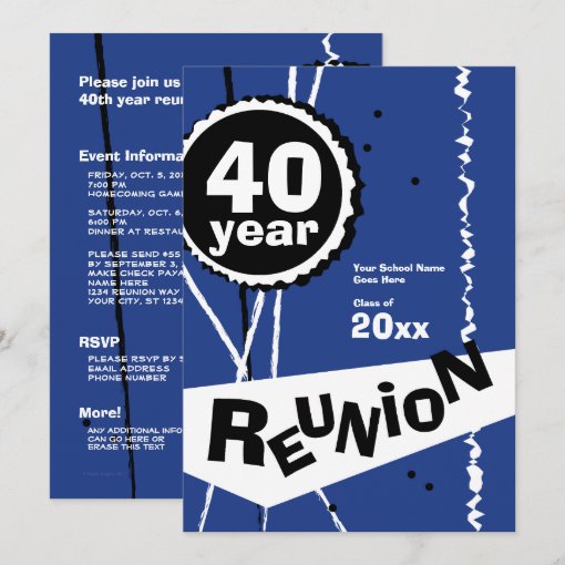 Customizable Blue 40 Year Class Reunion Invitation | Zazzle
