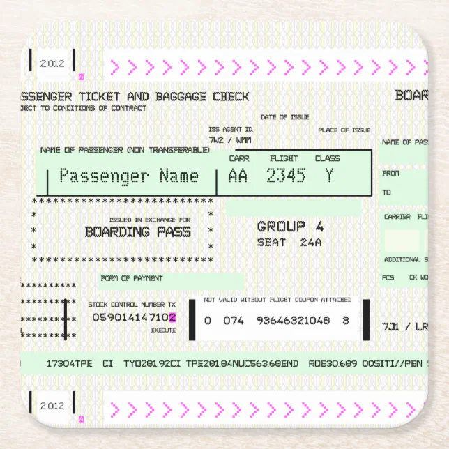 Customizable Boarding Pass Square Paper Coaster | Zazzle