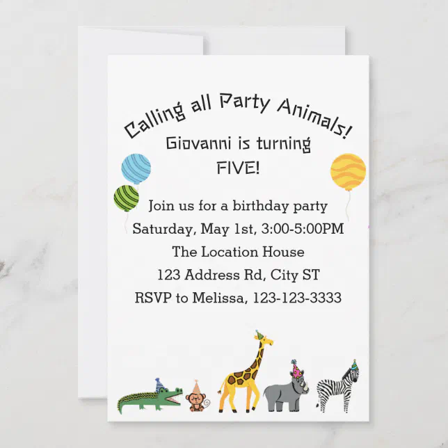 Customizable Calling all Party Animals Birthday Invitation | Zazzle