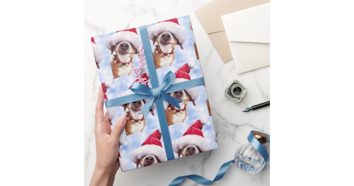 CUSTOMIZABLE Christmas Dog Santa Hat PHOTO Holiday Wrapping Paper | Zazzle