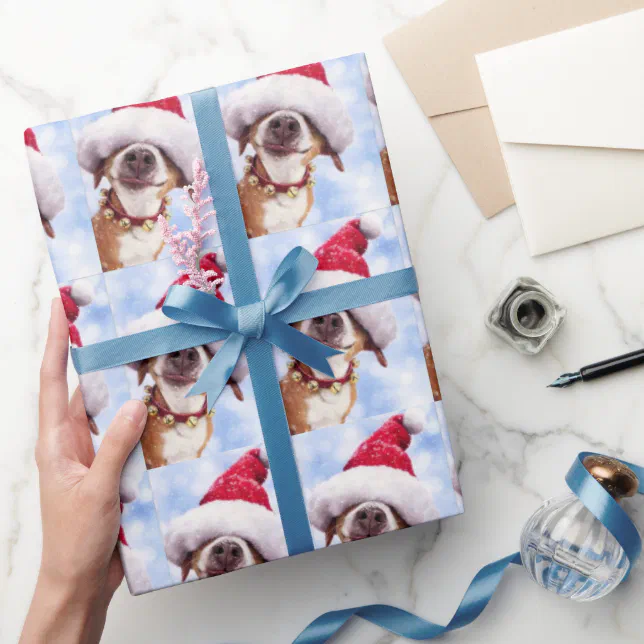 CUSTOMIZABLE Christmas Dog Santa Hat PHOTO Holiday Wrapping Paper | Zazzle