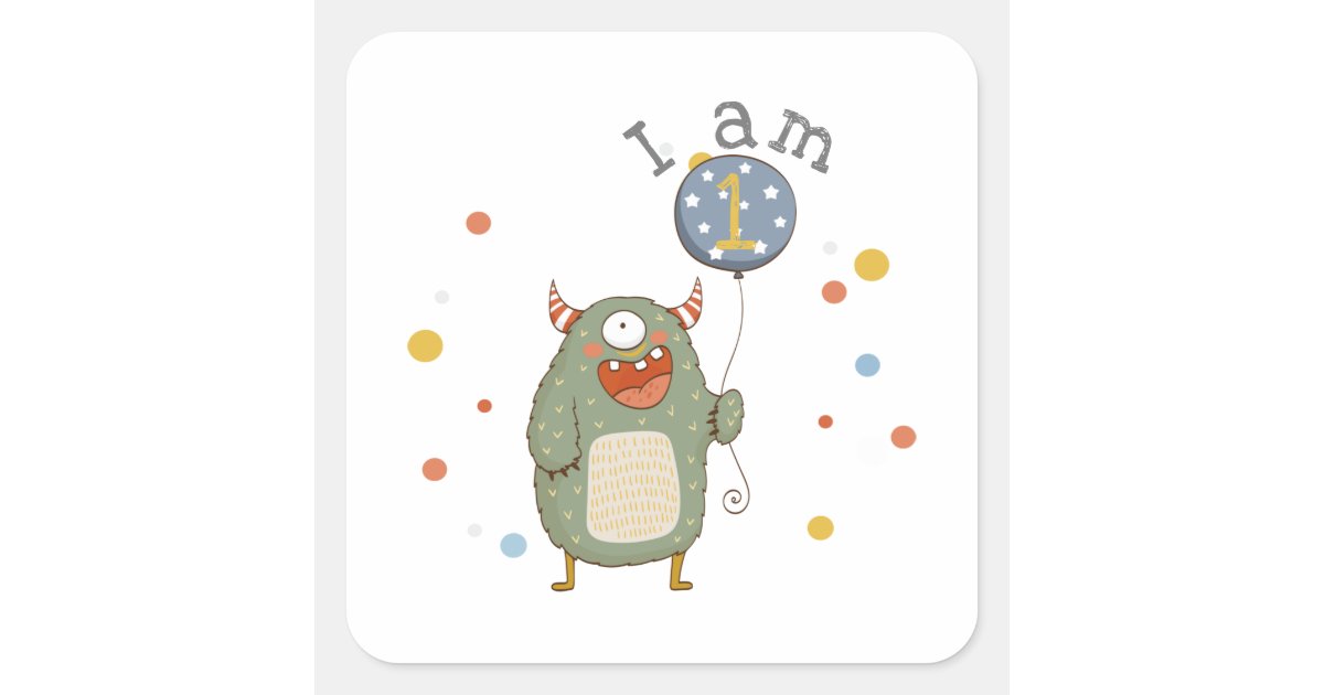 Customizable Cute Monster with Balloon Birthday Square Sticker | Zazzle