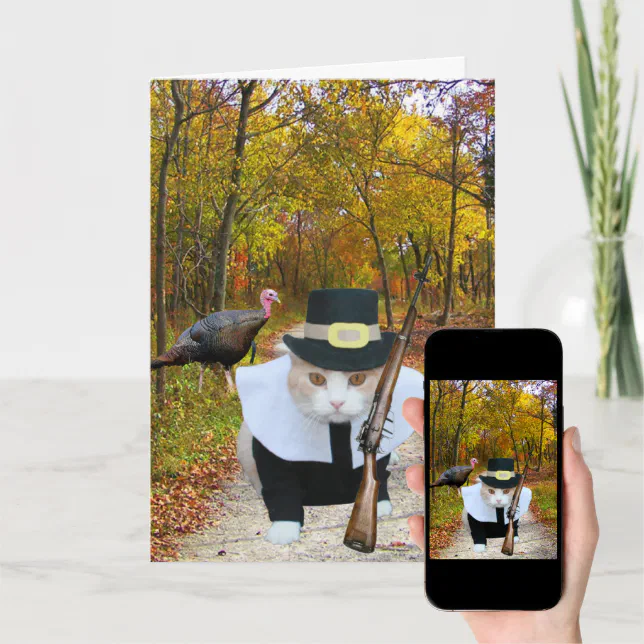 Customizable Funny Cat/Kitty Pilgrim Holiday Card | Zazzle