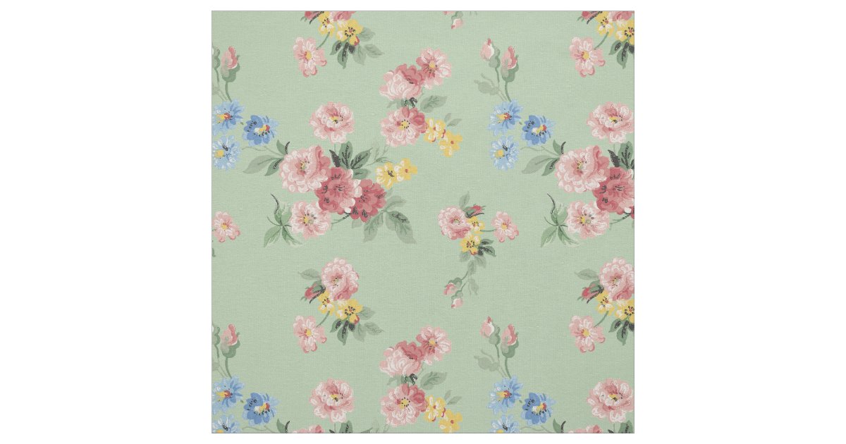 Customizable Girly Pastel Floral, Green Background Fabric | Zazzle