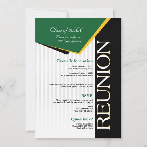 Customizable Green and Gold Class Reunion Invitation | Zazzle