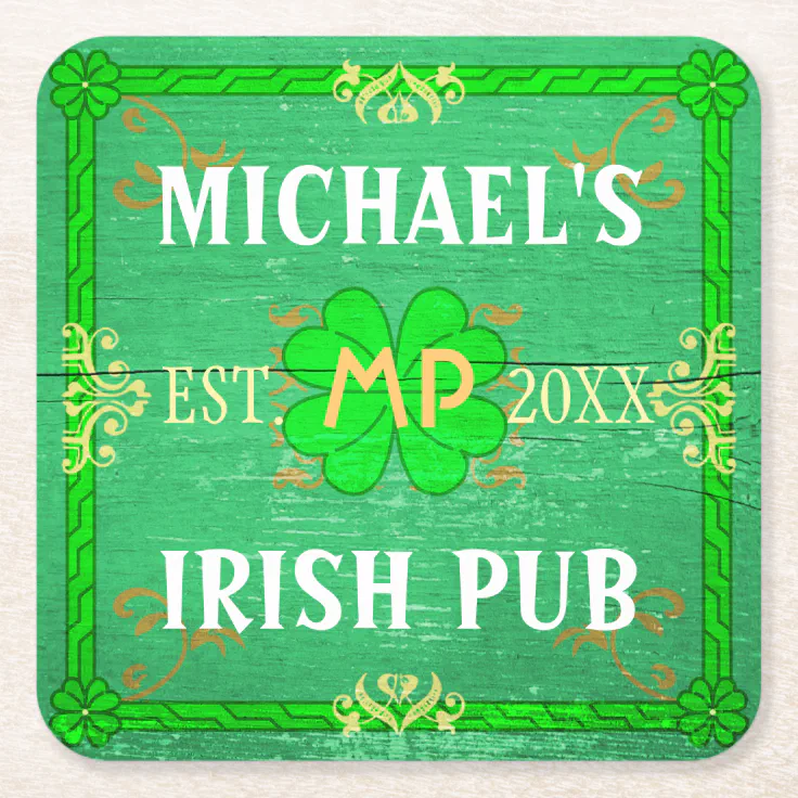 Customizable Home Bar Irish Pub Green Square Paper Coaster | Zazzle