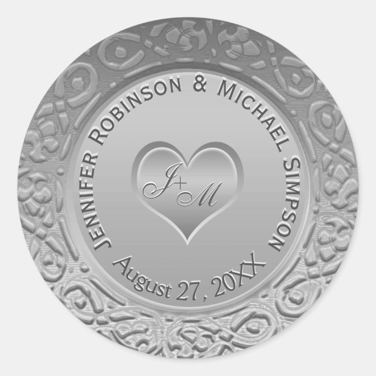 Customizable Monogram Silver Foil Look Wedding Classic Round Sticker ...
