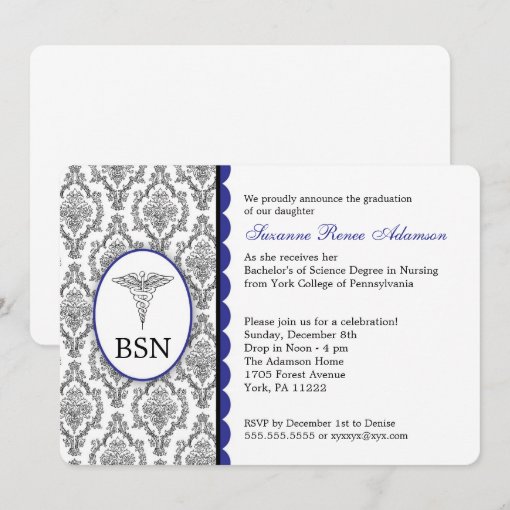 Customizable Nurse Graduation BSN RN blue damask Invitation | Zazzle