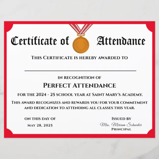 Customizable Perfect Attendance Award Certificate | Zazzle
