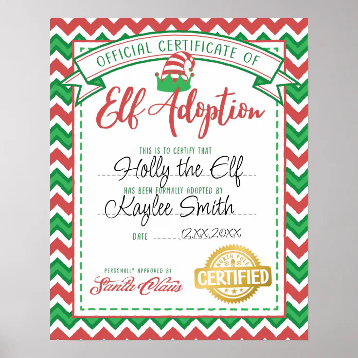 Customizable Personalized Elf Adoption Certificate Poster | Zazzle
