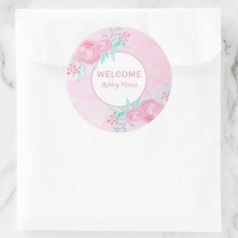 Customizable Pink Watercolor Flowers Welcome Baby Classic Round Sticker ...